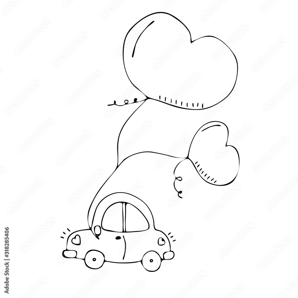 Hand drawn cute little car with heart balloons vector illustration ...