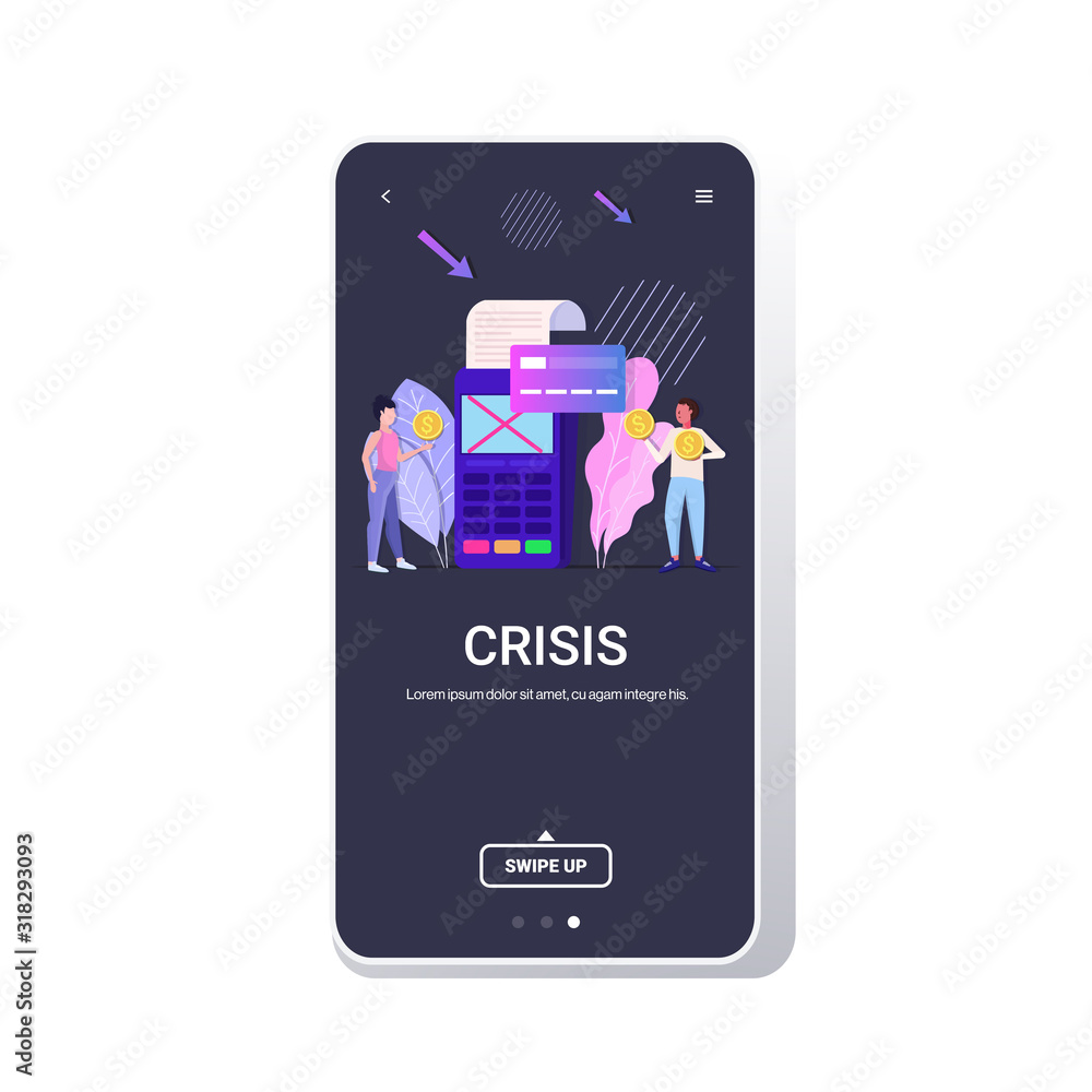 sad businesspeople dollar coins credit card POS terminal red cross ...