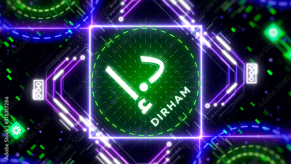 UAE dirham currency symbol on futuristic neon background. Business ...