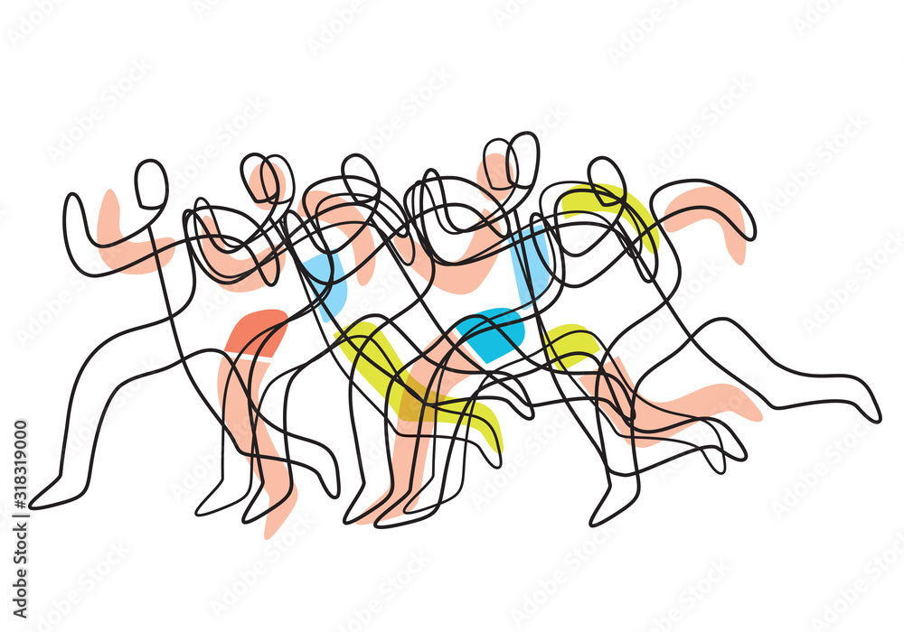 Marathon race, Group of running people, lineart style. Colorful ...