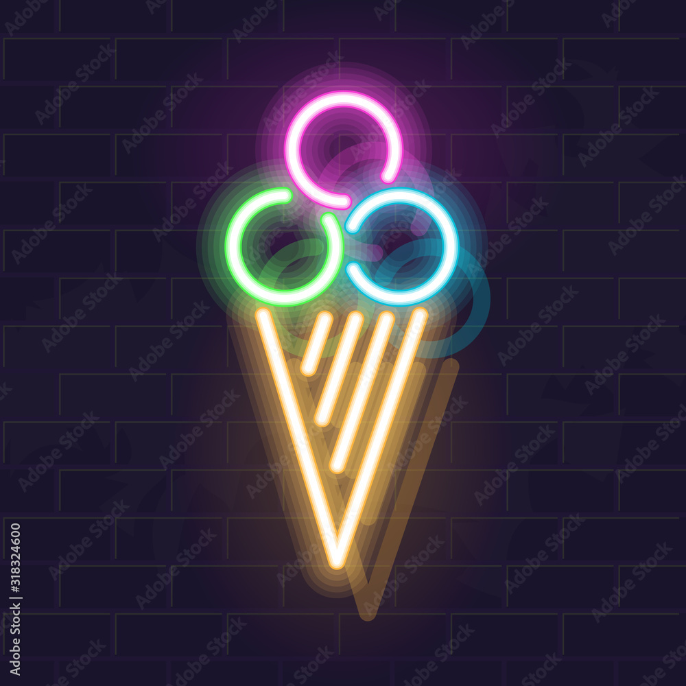 3 balls of ice cream in waffle cone. Vector isolated neon illustration ...
