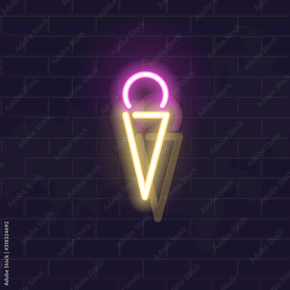 Ice cream ball in waffle cone. Vector isolated neon illustration for ...