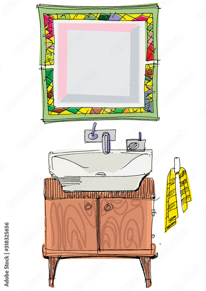 Vintage wash basin and other sanitary equipment. Cartoon. Caricature ...