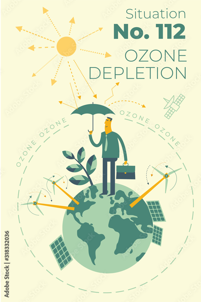 Ecological illustration. Depletion of the ozone layer. Ozone hole. Man ...