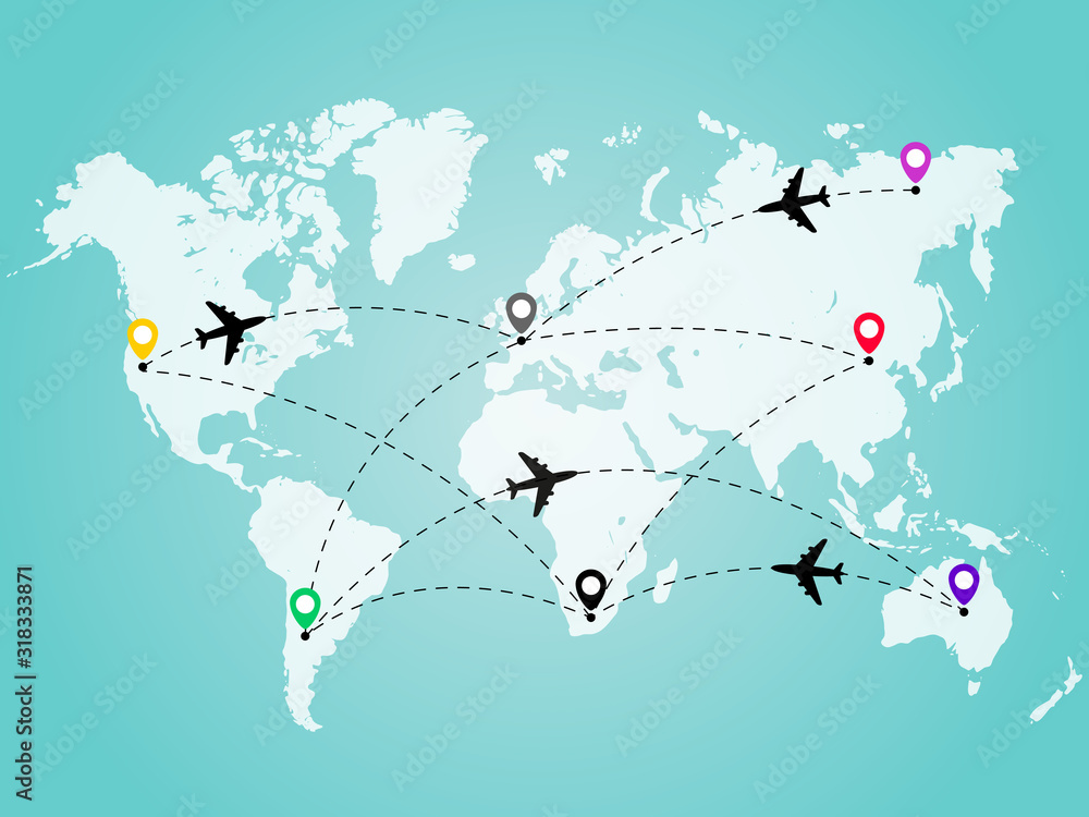 World map with airplane line path. Travel concept Stock Vector | Adobe ...