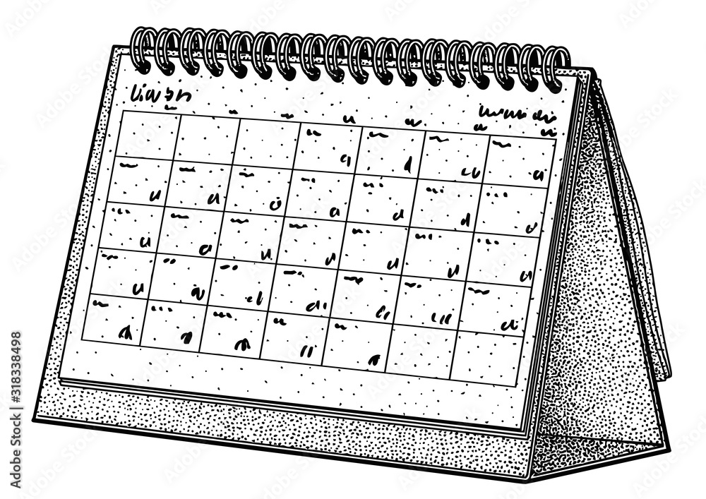 Standing calendar illustration, drawing, engraving, ink, line art ...
