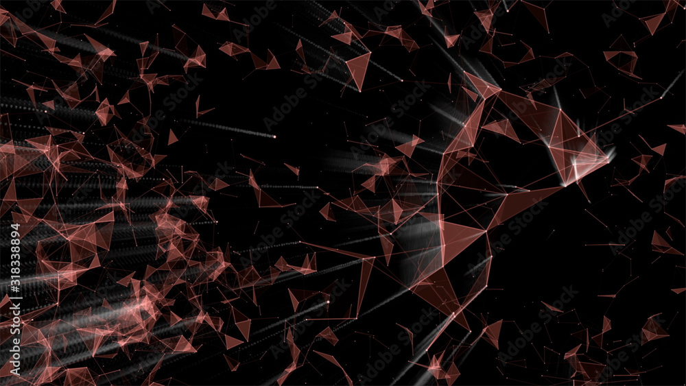 World of particles forming glimming plexus nodes over black background ...