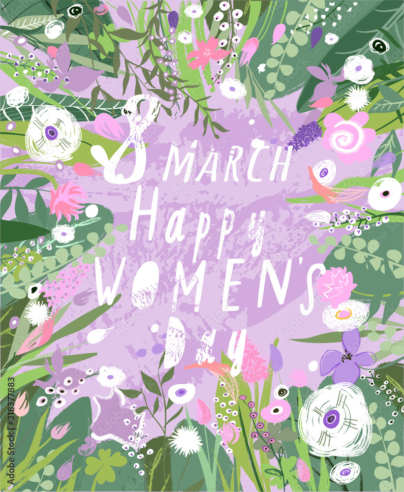 Happy Women's Day March 8! Cute spring vector illustration of flowers ...