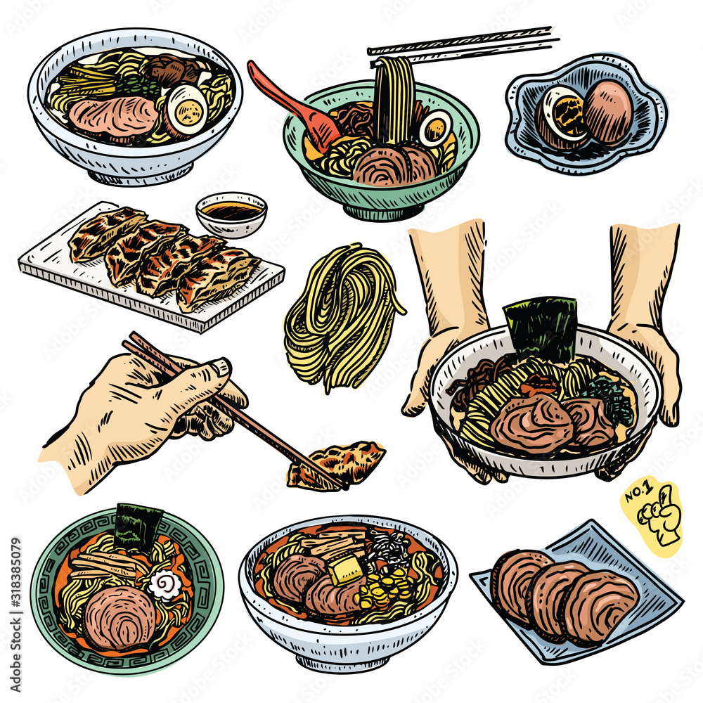 Photo & Art Print Vintage food sketch, Hand drawn Japanese ramen menu ...