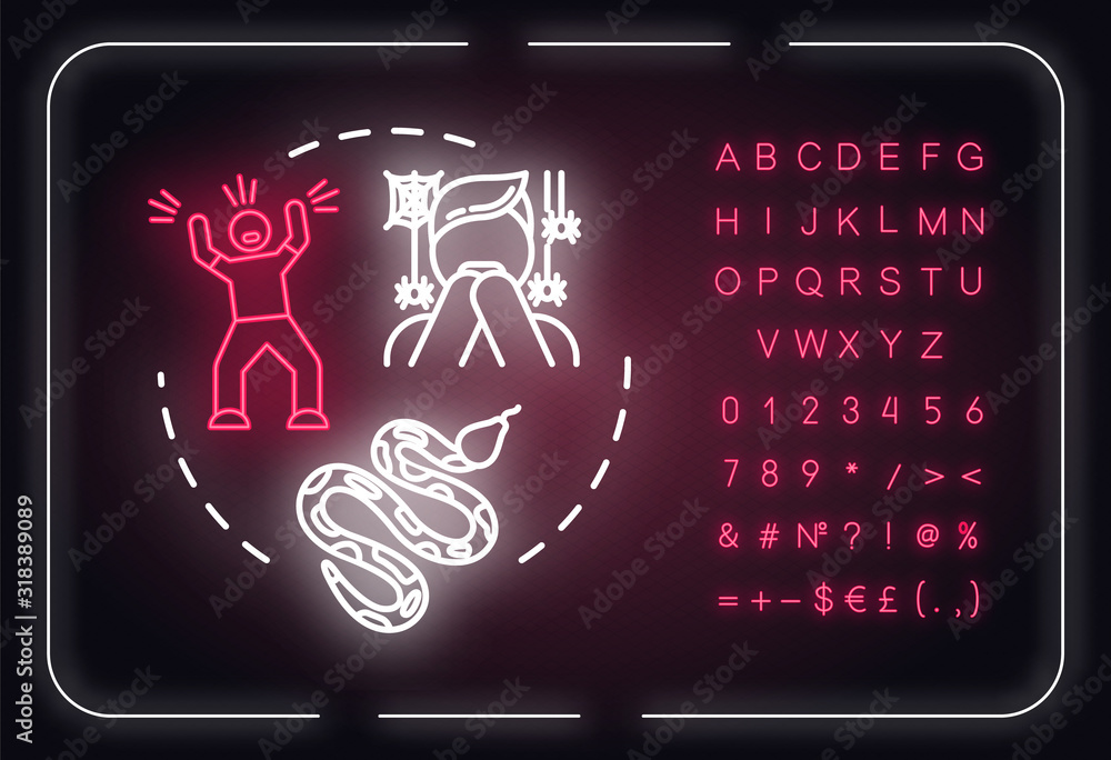 Phobias neon light concept icon. Arachnophobia, herpetophobia idea thin ...