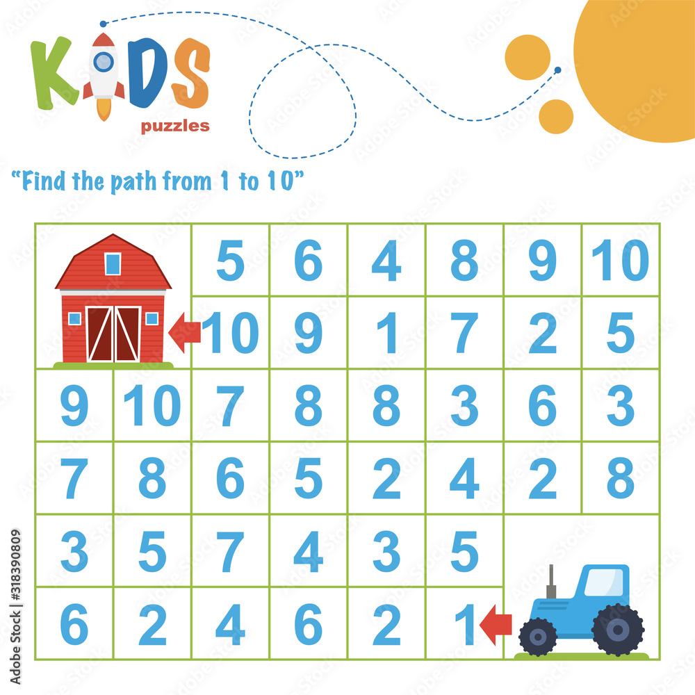 Find the path from 1 to 10. Easy colorful math worksheet practice for ...