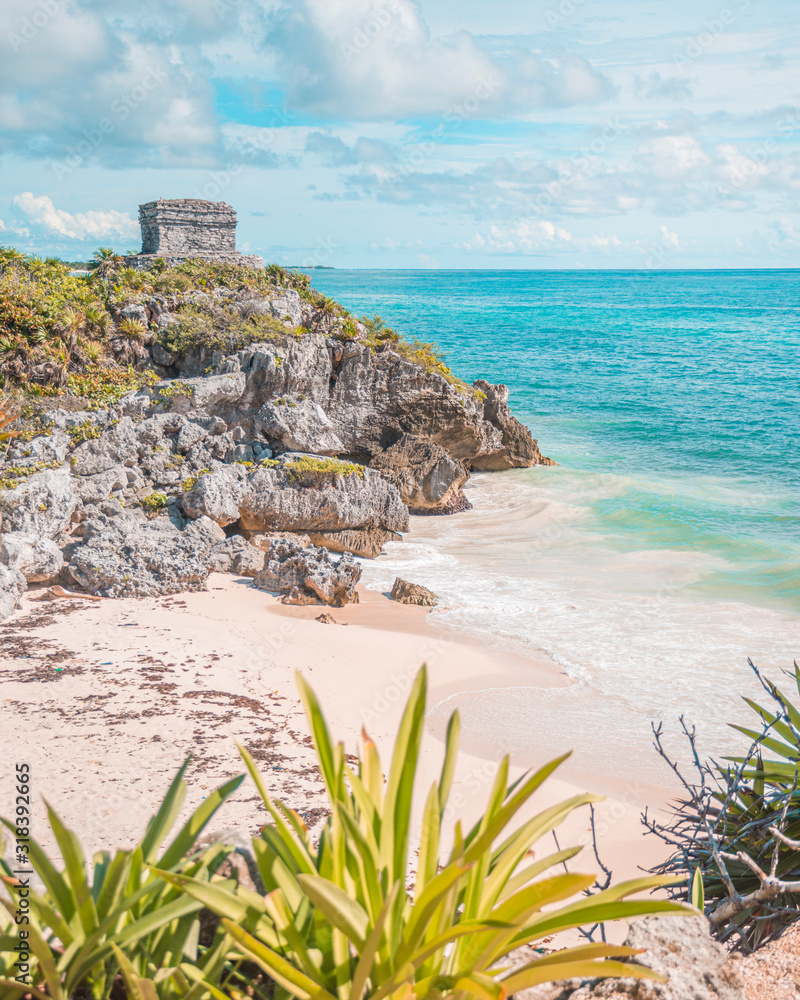 Tulum Archaeological Site and the Caribbean Ocean. Ancient Mayan ...