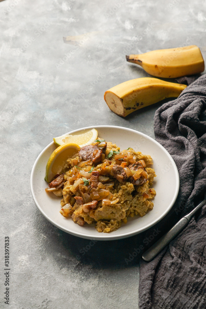 Fufu de platano verde maduro, tacaho, Mofongo, mashed boiled plantains ...