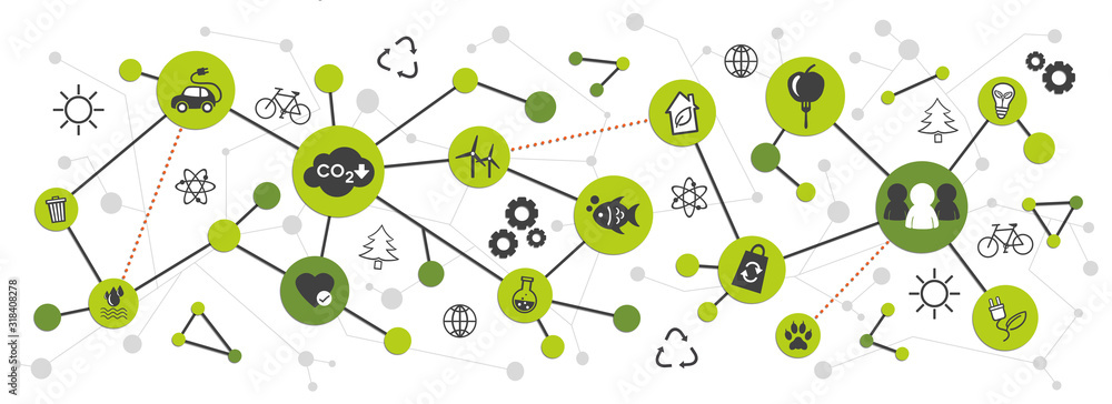 Sustainability and environment banner with green icons, data and web ...