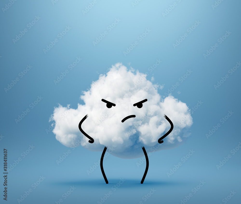 3d render, white cloud mascot isolated on blue background, skeptical ...