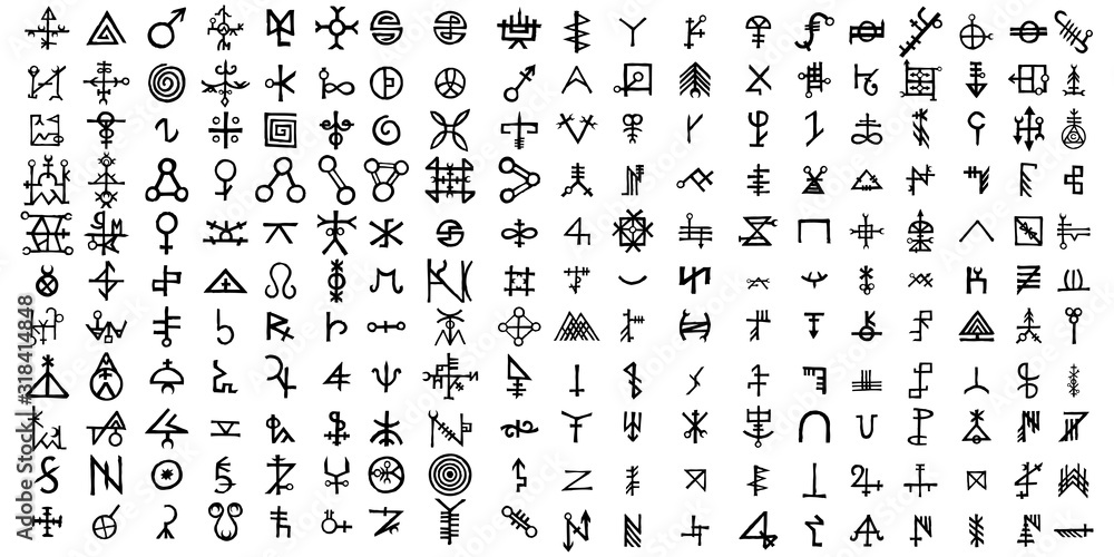 Large set of alchemical symbols on the theme of old manuscript with ...