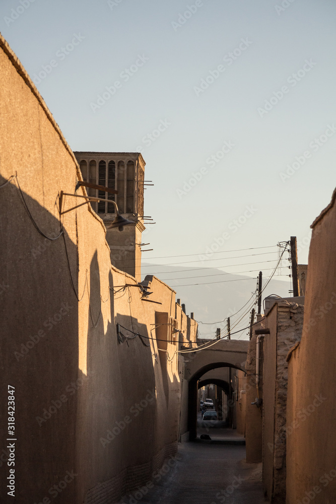 typical Windtower made of clay taken in the streets of Yazd, iran ...