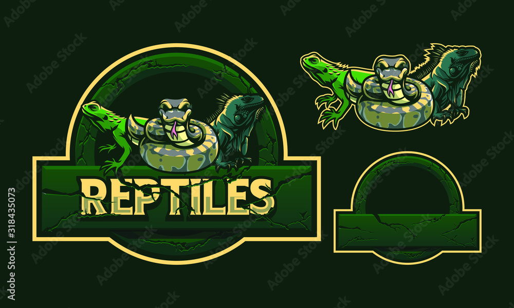Reptiles mascot logo design with stone crack frame isolated on dark ...