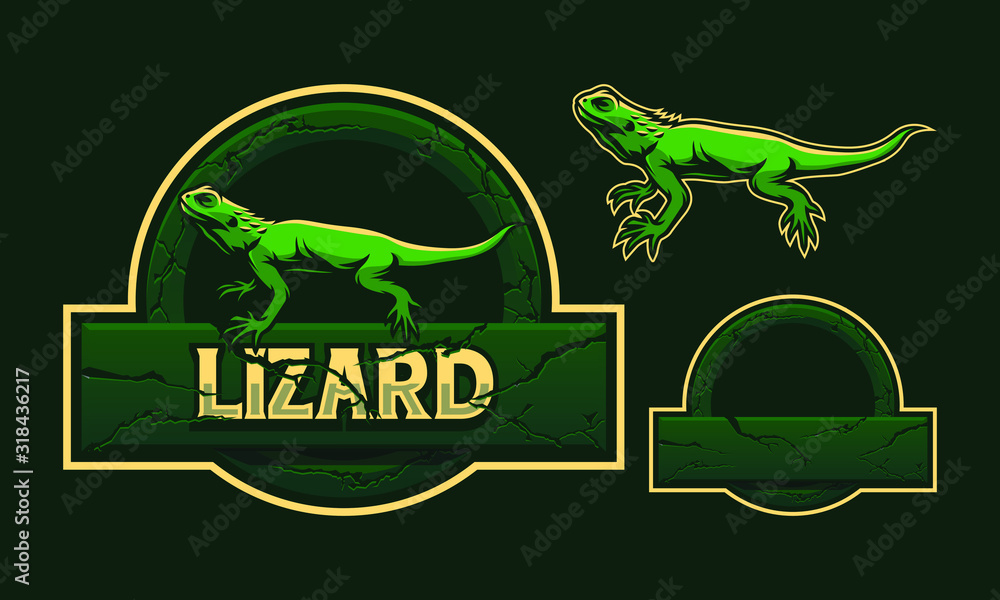 Lizard mascot logo design with stone crack frame isolated on dark green ...
