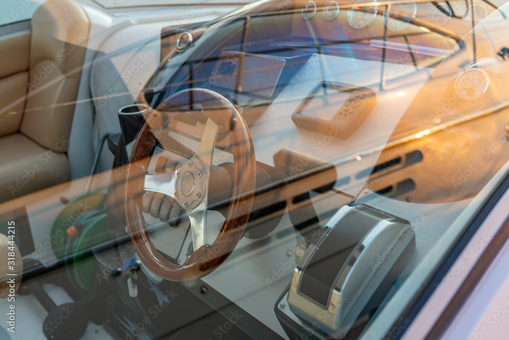 Cockpit and control panel of a small marine boat Stock Photo | Adobe Stock