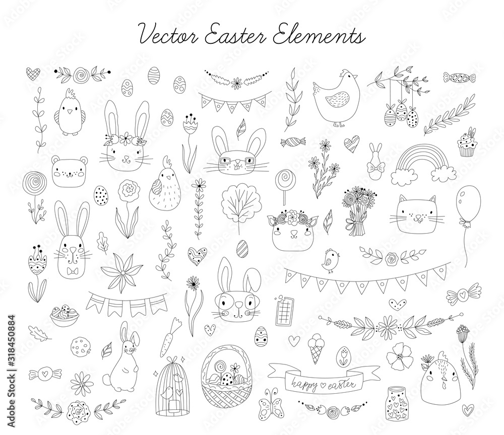 vector easter element set in line art. unique hand drawn sketch of ...