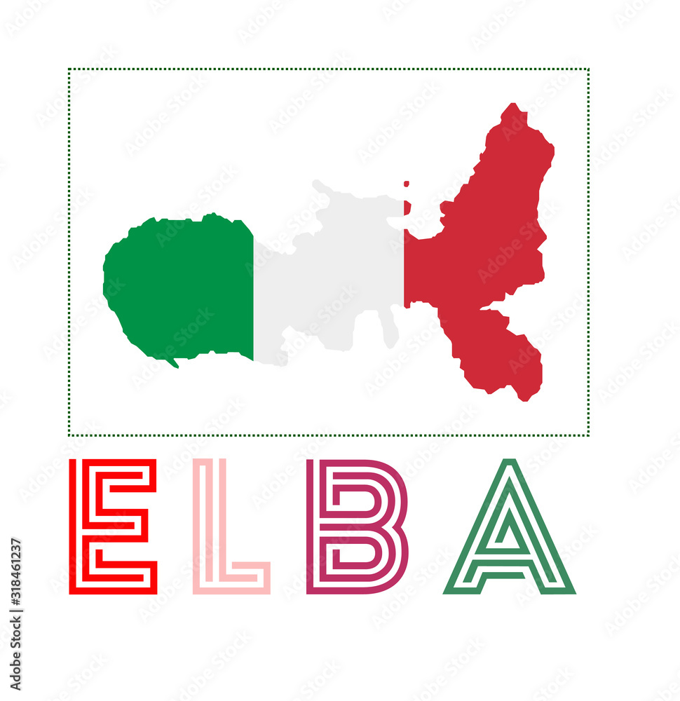 Elba Logo. Map of Elba with island name and flag. Appealing vector ...