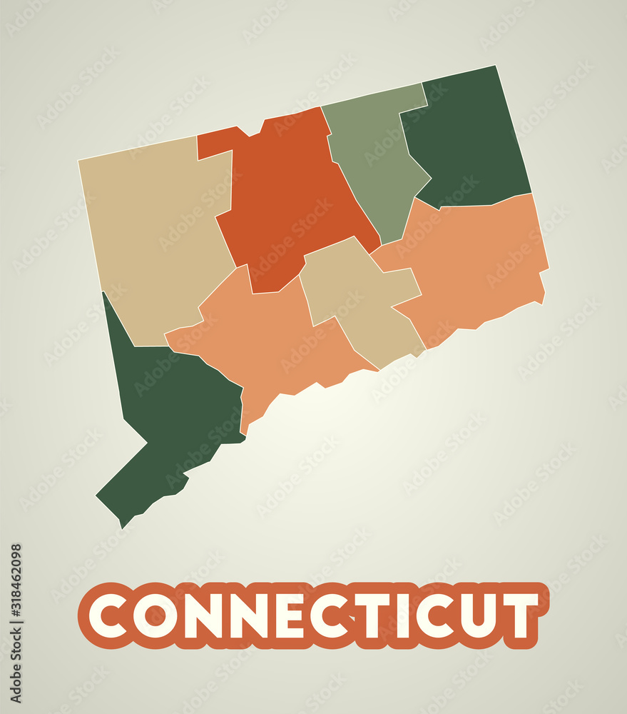 Connecticut poster in retro style. Map of the us state with regions in ...