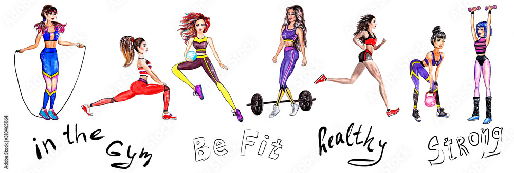 Fitness Girls Clip Art and Gym Motivation Lettering. Cartoon Style ...