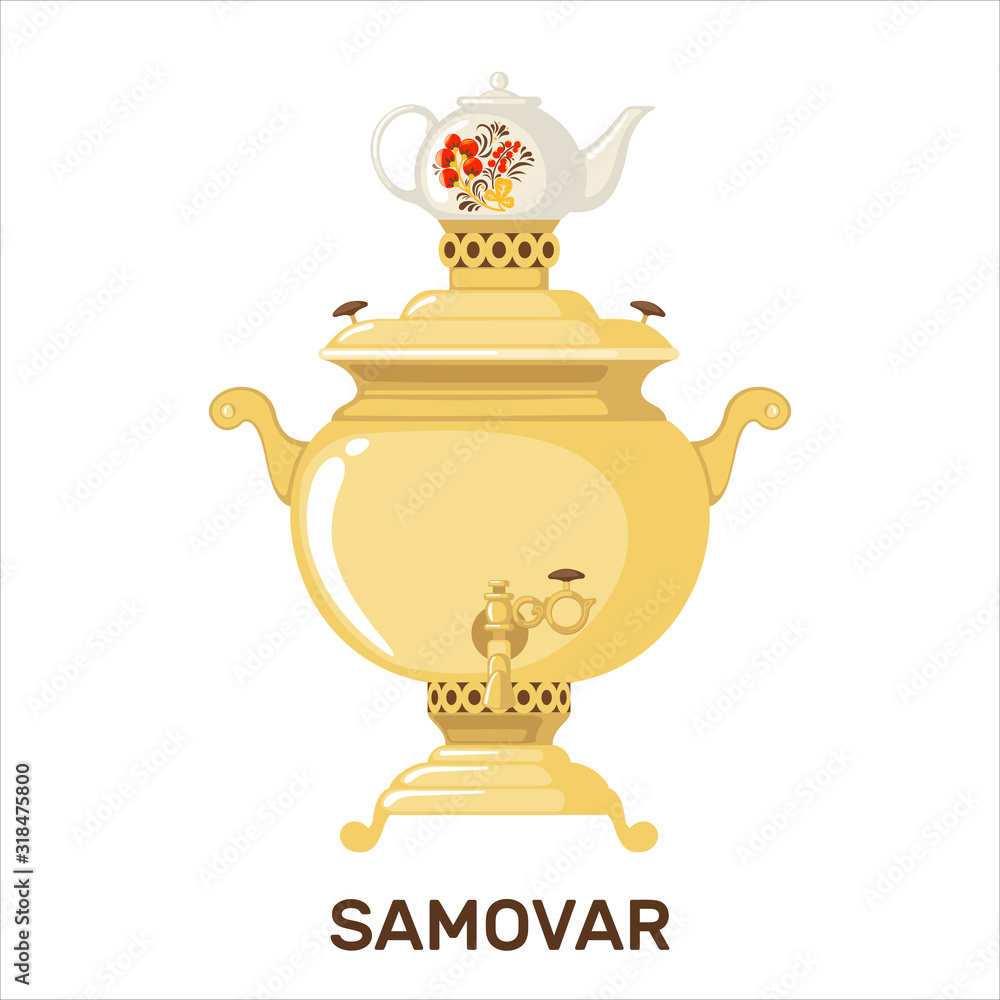 Poster Vector Traditional Russian gold samovar with teapot icon in flat ...