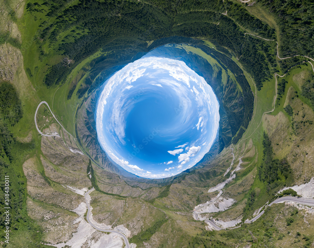 360 degree panoramic image of an abstract world turned inside out with ...