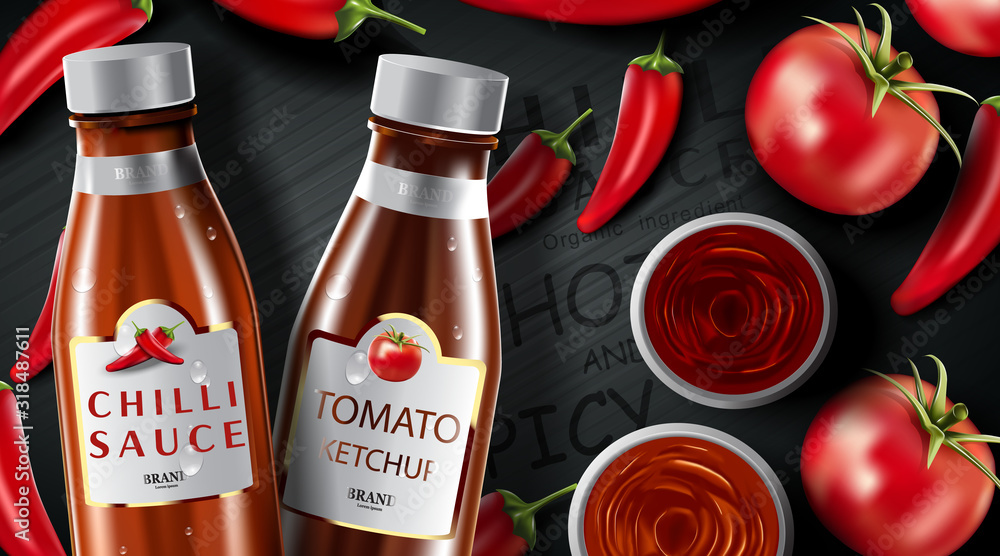 Chilli hot sauce product ads and chili peppers in fire shape with ...
