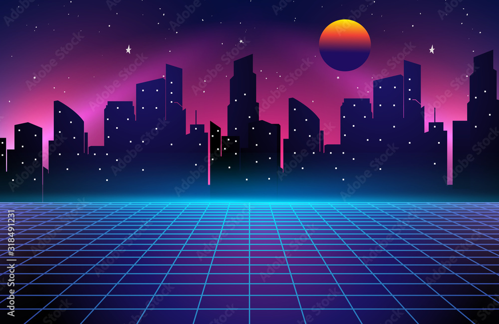 80s Retro Sci-Fi Background, Retro Futuristic Grid landscape of the 80 ...