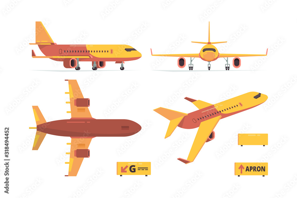 Aircraft flat. Civil aviation planes different views fly symbols vector ...