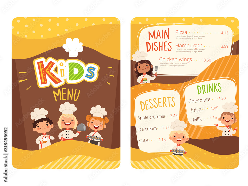 Kids menu. Childrens cooking food little chef restaurant eating menu ...