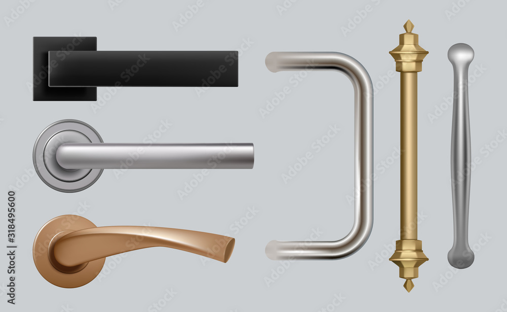 Doors handles. Modern detailed high quality vector pictures steel metal ...