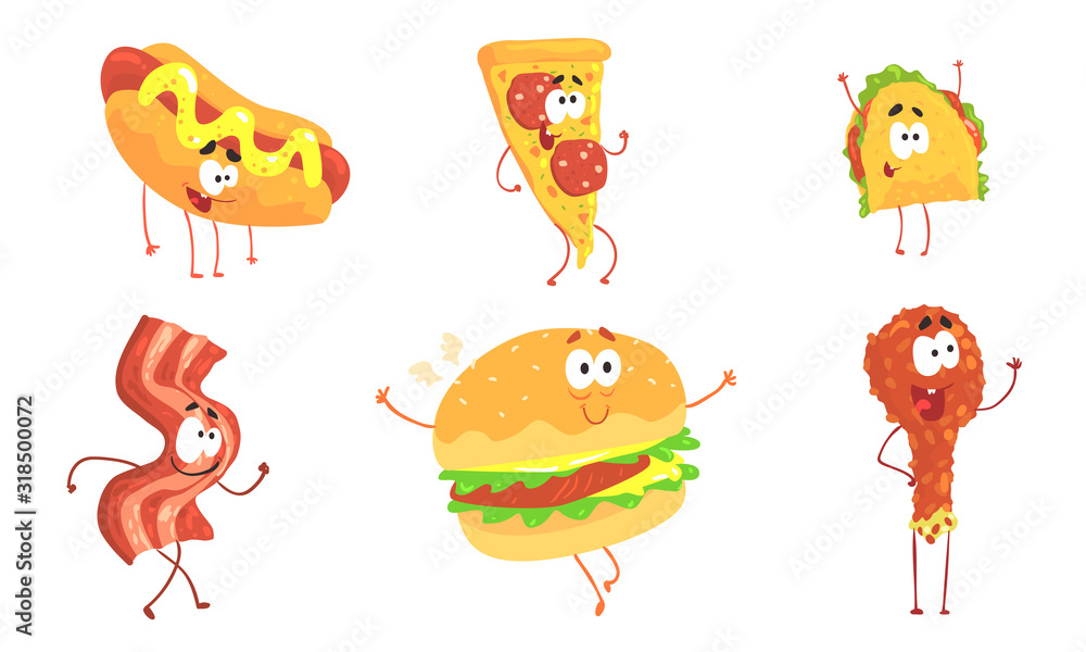 Funny Fast Food Cartoon Characters Collection, Hot Dog, Pizza, Tako ...