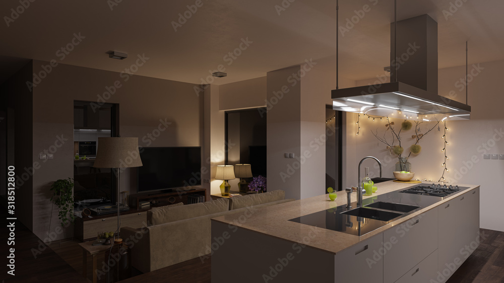 Dimly Illuminated Open Plan Kitchen and Living Room at Night 3D ...