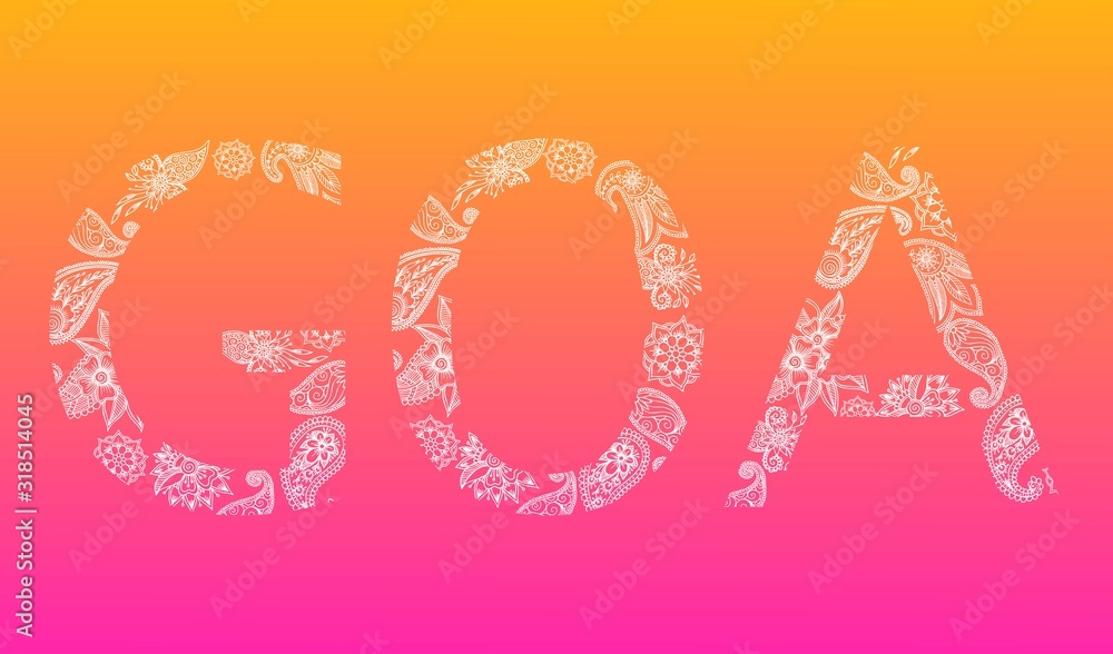 GOA letters henna tattoo doodle vector ornament on sunset gradient ...