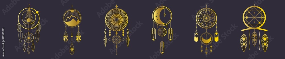 Vector set of dream hunters on a black background. Golden abstract ...