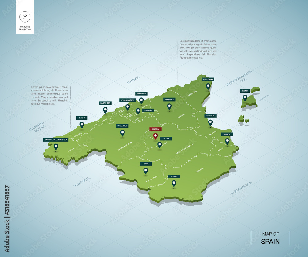 Stylized map of Spain. Isometric 3D green map with cities, borders ...