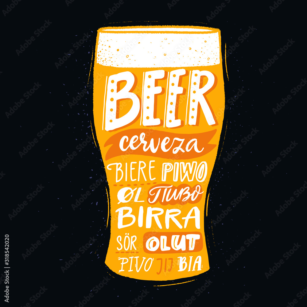 Pub poster with beer word in different languages. Spanish cerveza ...