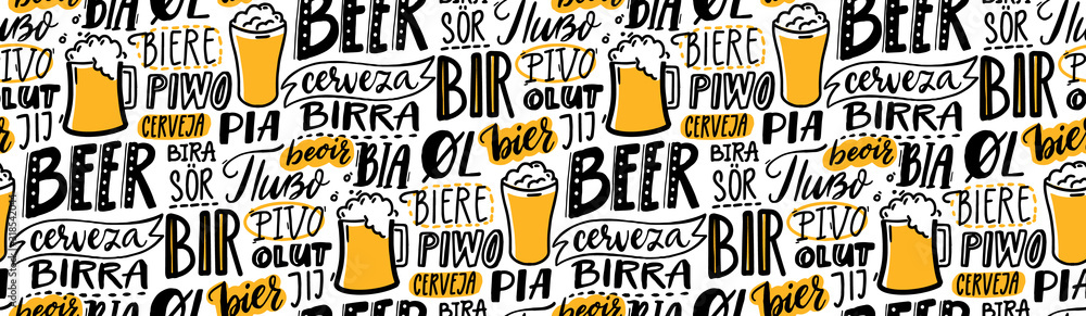 Beer text pattern. Word beer in different languages. Italian birra ...