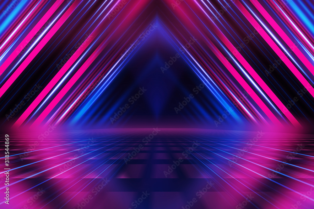 Abstract dark background with blue and pink neon glow. Neon luminous ...