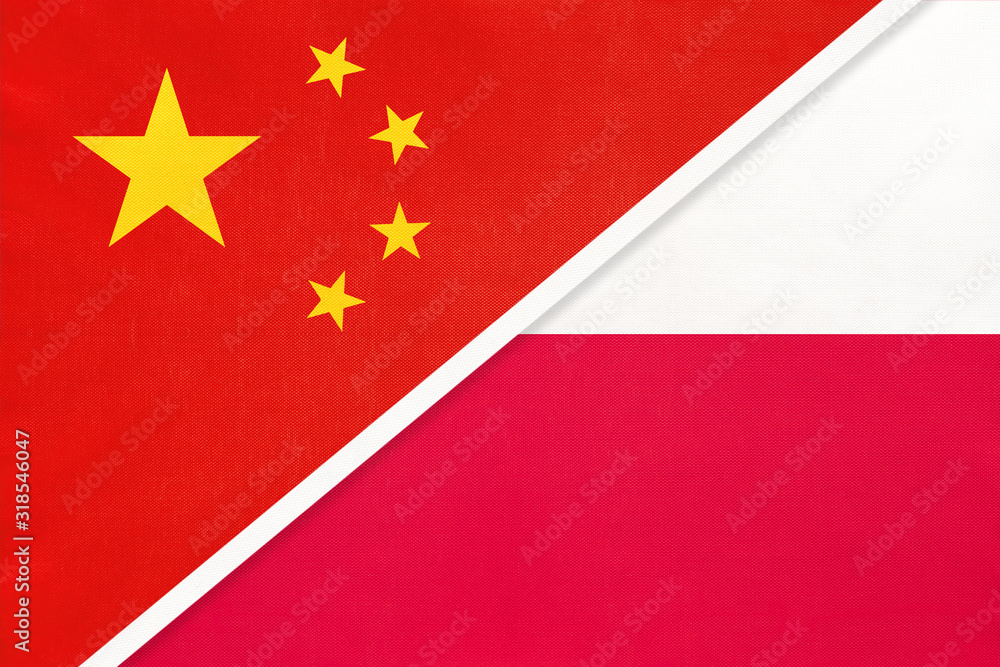 China or PRC vs Poland national flag from textile. Relationship between ...