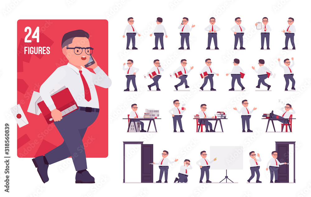 Vektorová grafika „Fat male clerk in formal wear character set. Heavy ...