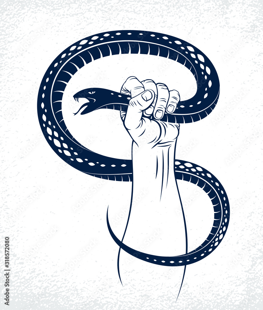 Hand squeezes a snake, fight against evil devil and Satan, control your ...