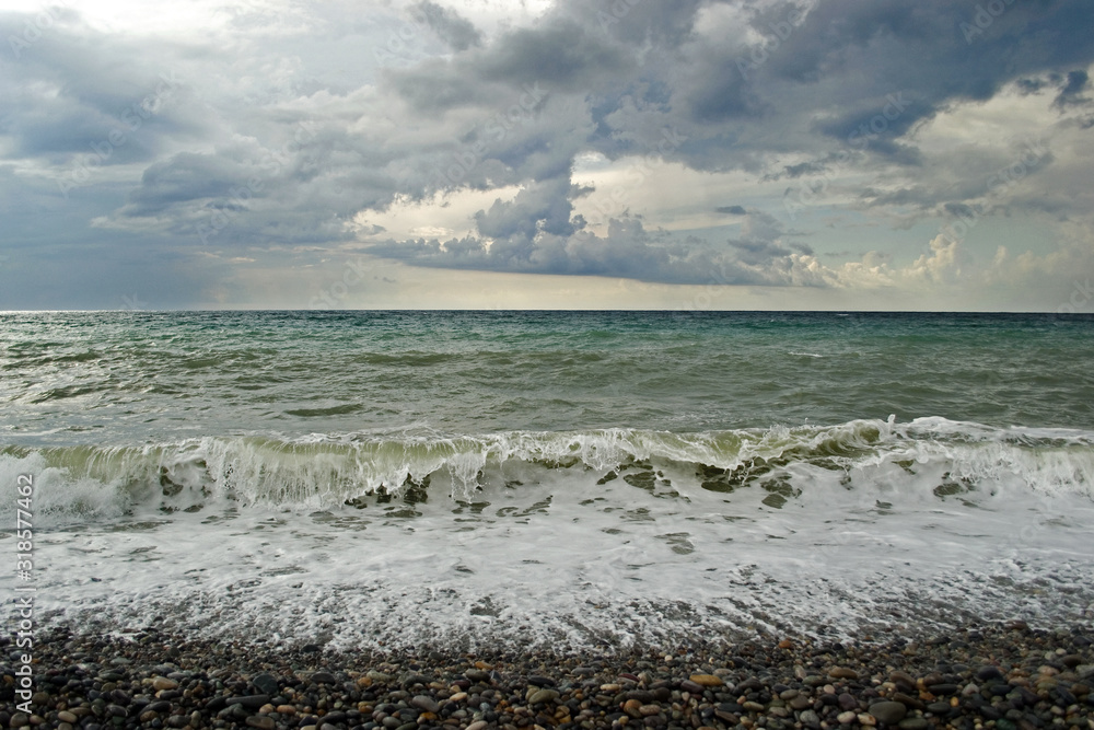 Restless stormy Black Sea. The sea is stormy and the waves with white ...