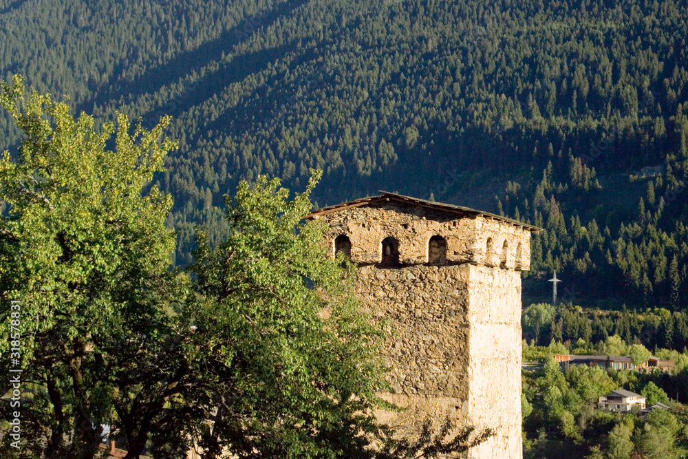 The top of the Svan tower, stone, quadrangular, against the backdrop of ...