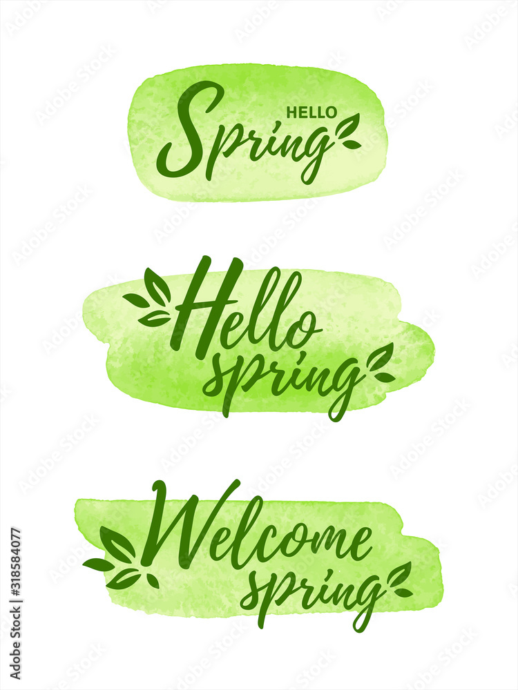 Hello, welcome spring illustration with lettering. Green watercolor ...
