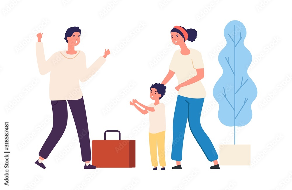 Dad is coming home from work. Vector happy family concept. Cute child ...